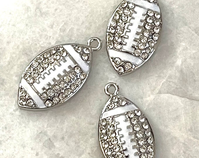3 Rhinestone and White Enamel Football Charms - Sparkling - Silver Tone ...