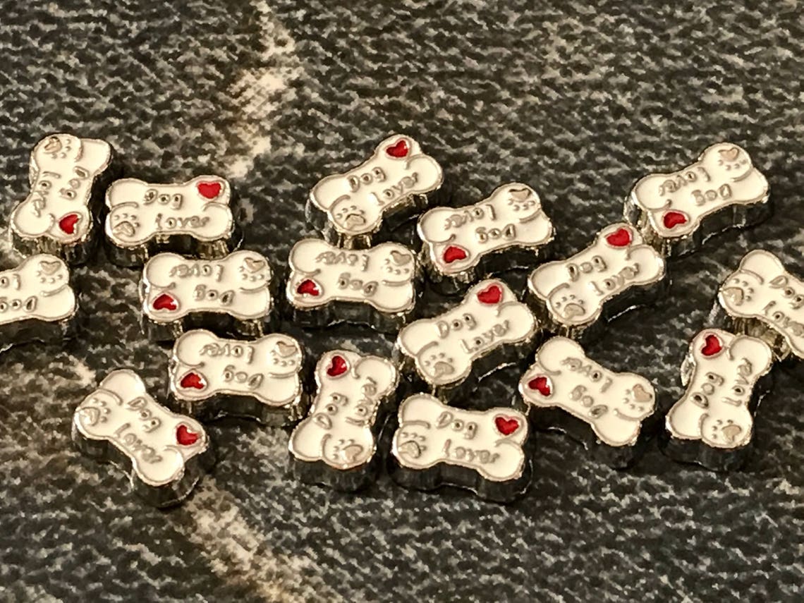 Dog Lover Dog Bone - Paw - Memory Locket Charm - White Enamel - Red ...