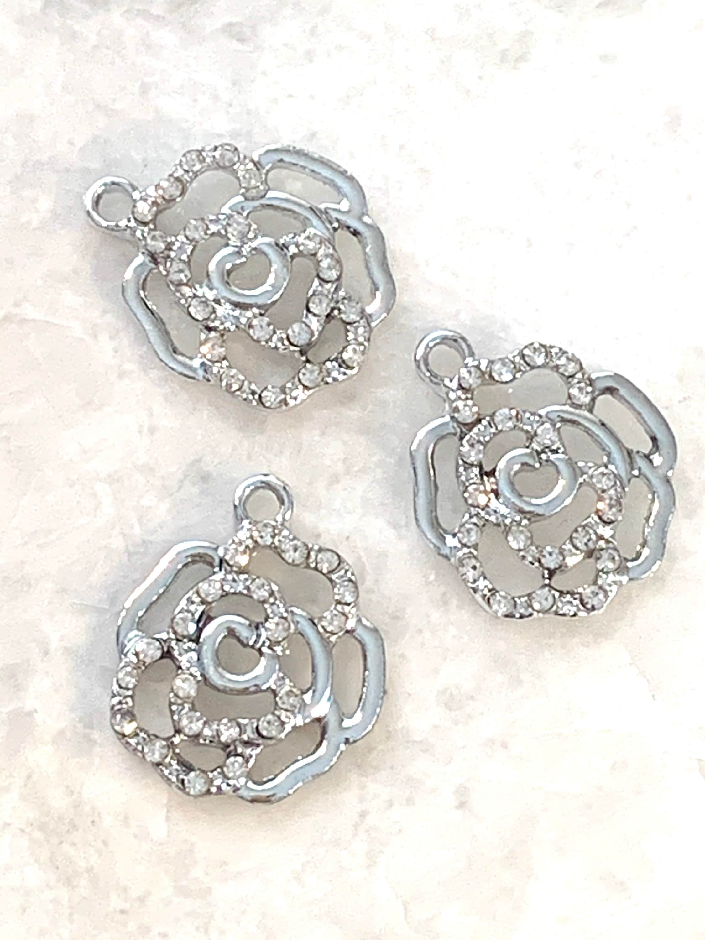 3 Rhinestone Flower Charms - Silver Color Rose Charms - Open Design - Etsy