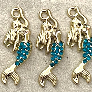 3 Beautiful Blue Turquoise Rhinestone Mermaid Charms Gold | Etsy