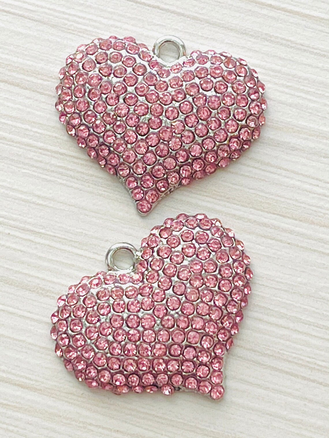 1 Large Pink Rhinestones on Silver Tone Finish Heart Charm | Etsy