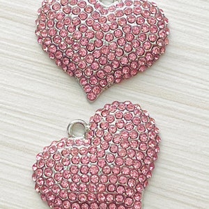 1 Large Pink Rhinestones on Silver Tone Finish Heart Charm Pendant - Etsy