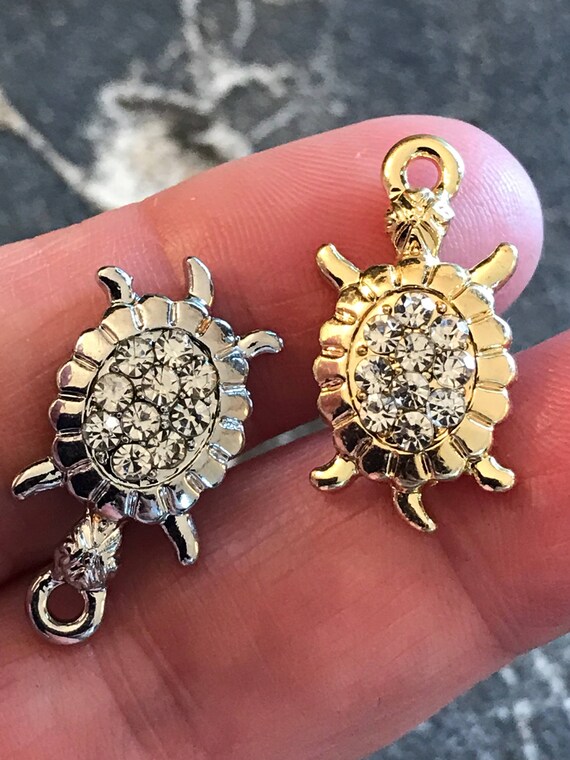 3 rhinestone turtle charms choose silver tone or gold tone | Etsy