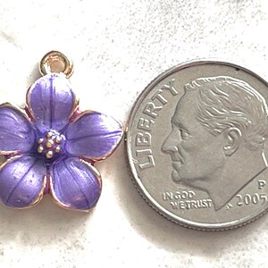 3 Dainty Purple Enamel and Gold Tone Flower Charms - Pearlized Shiny ...