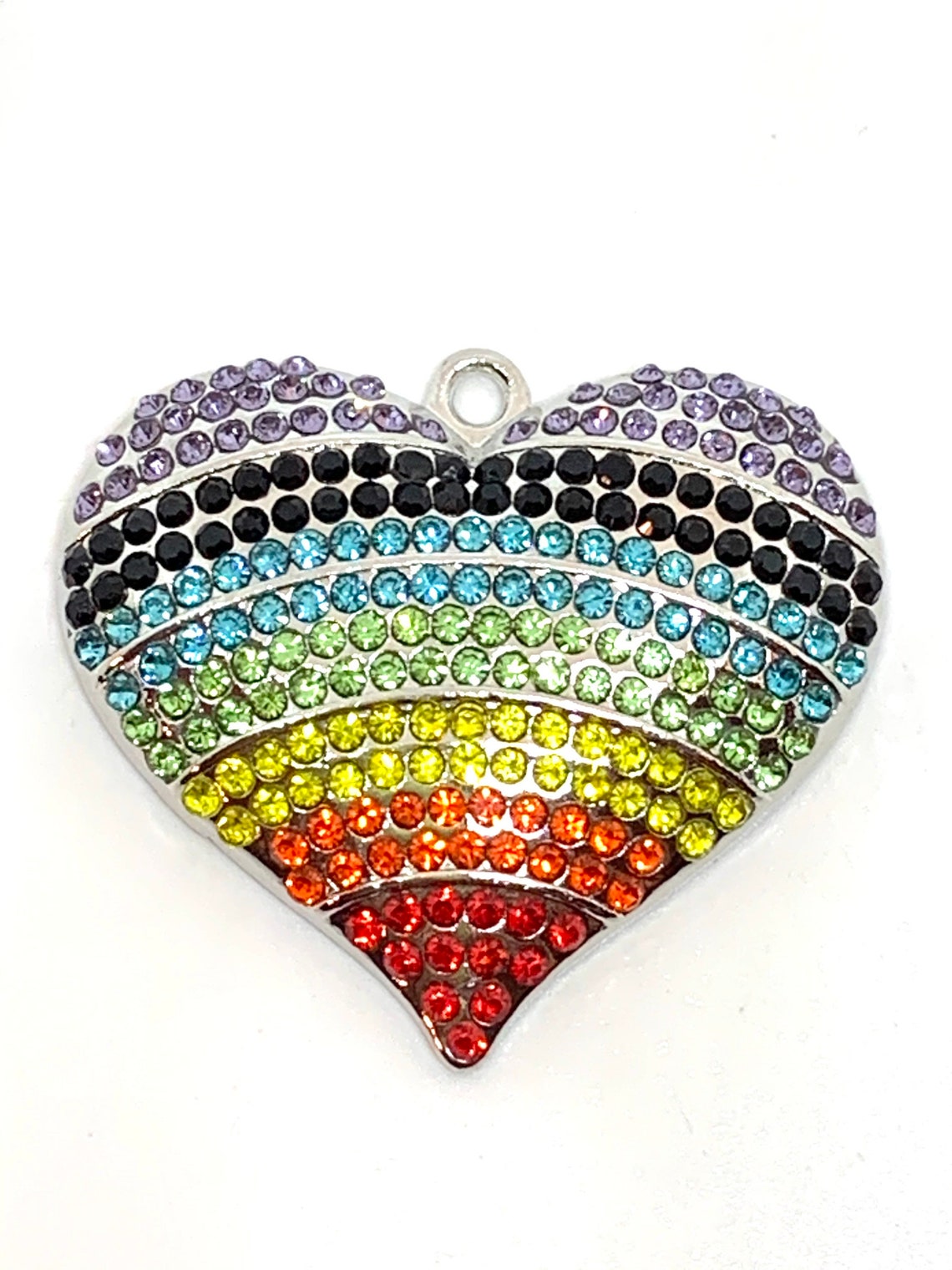 1 Large Multicolored Rhinestone Heart Pendant Charm Silver | Etsy