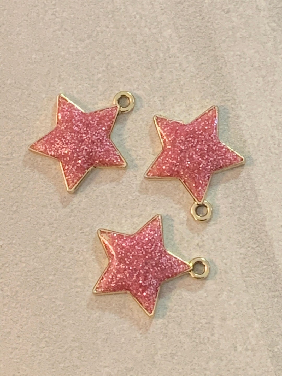 3 Shiny Pink Glitter Star Charms - Gold Tone - Etsy