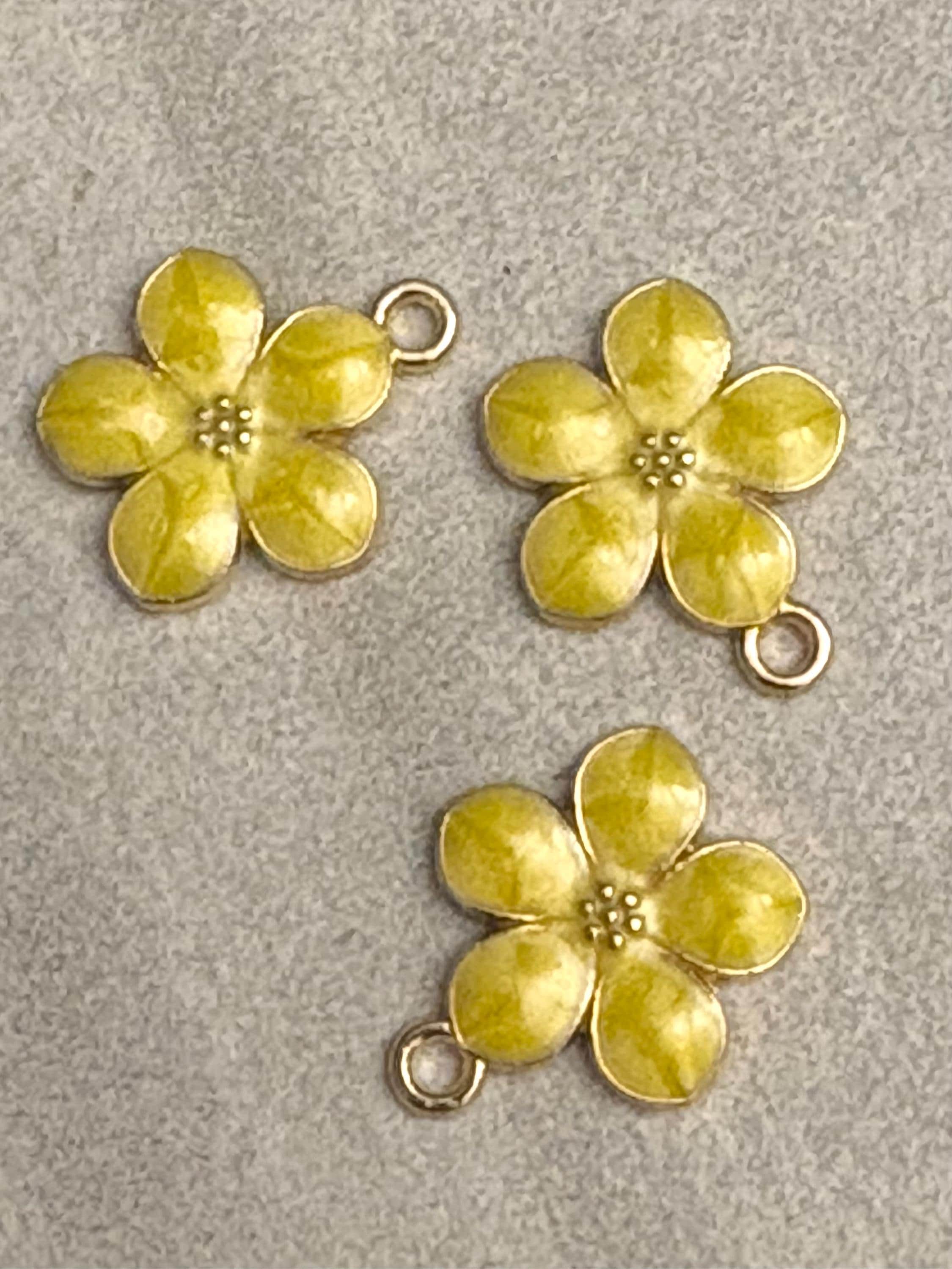 3 Dainty Yellow Enamel and Gold Tone Flower Charms - Pearlized Shiny ...
