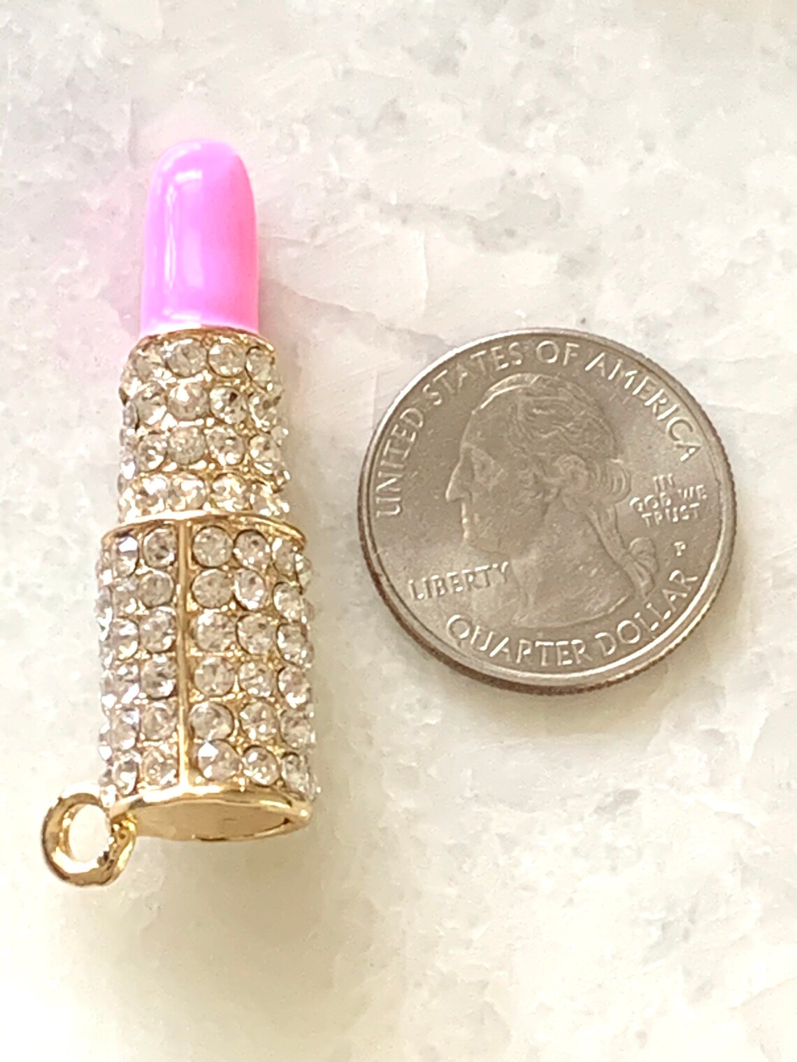 1 rhinestone pink lipstick charm pendant gold tone finish | Etsy