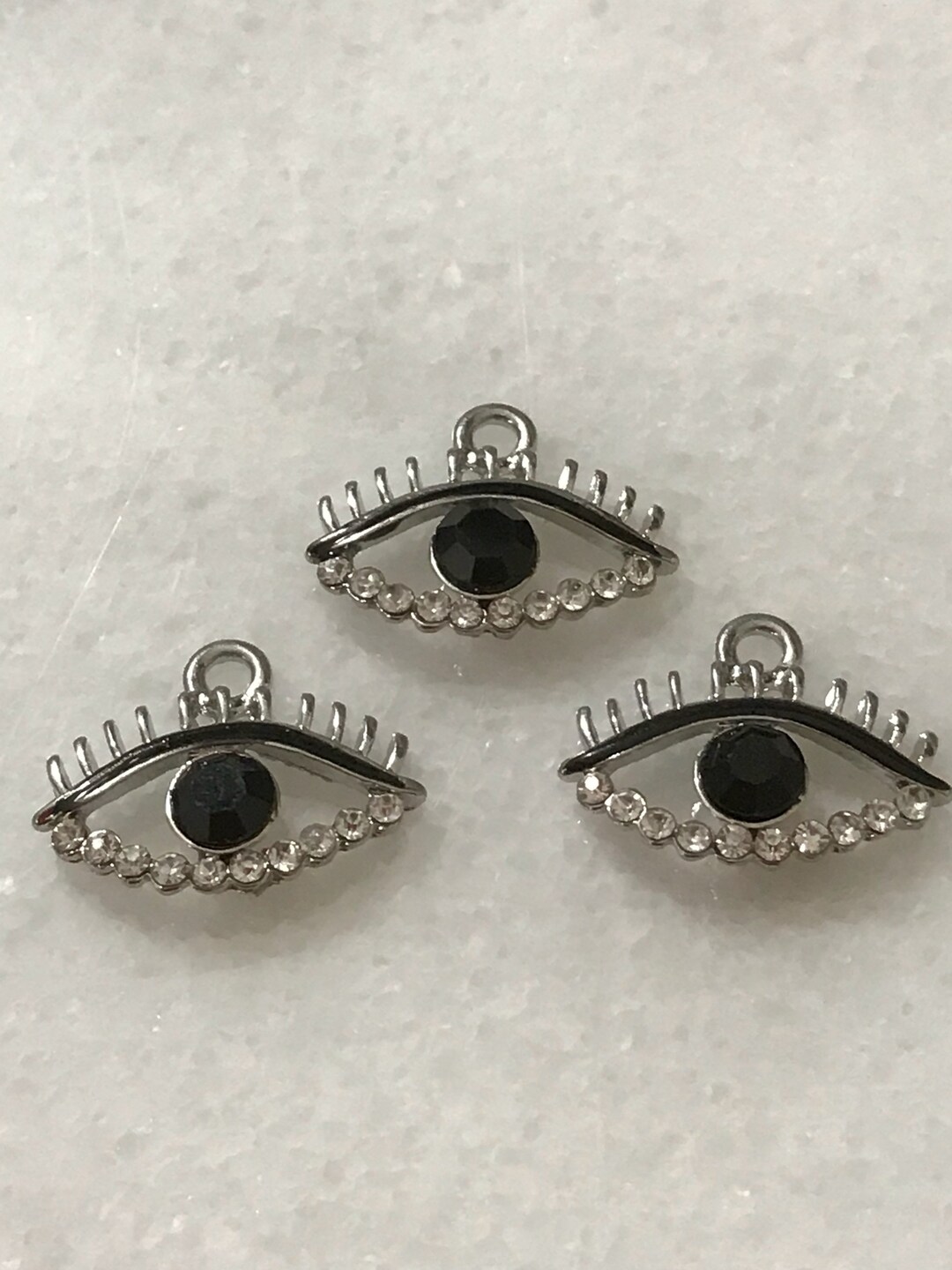 3 Beautiful Eye Charms Black Crystal Eye Rhinestones Silver Tone ...