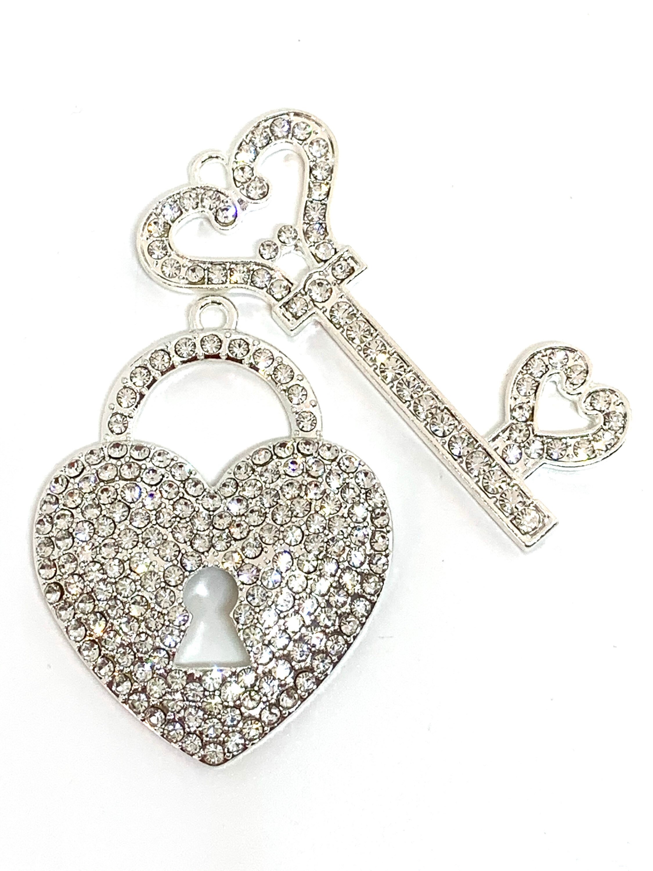 Extra Large Heart and Key Pendant Set Rhinestones Silver | Etsy