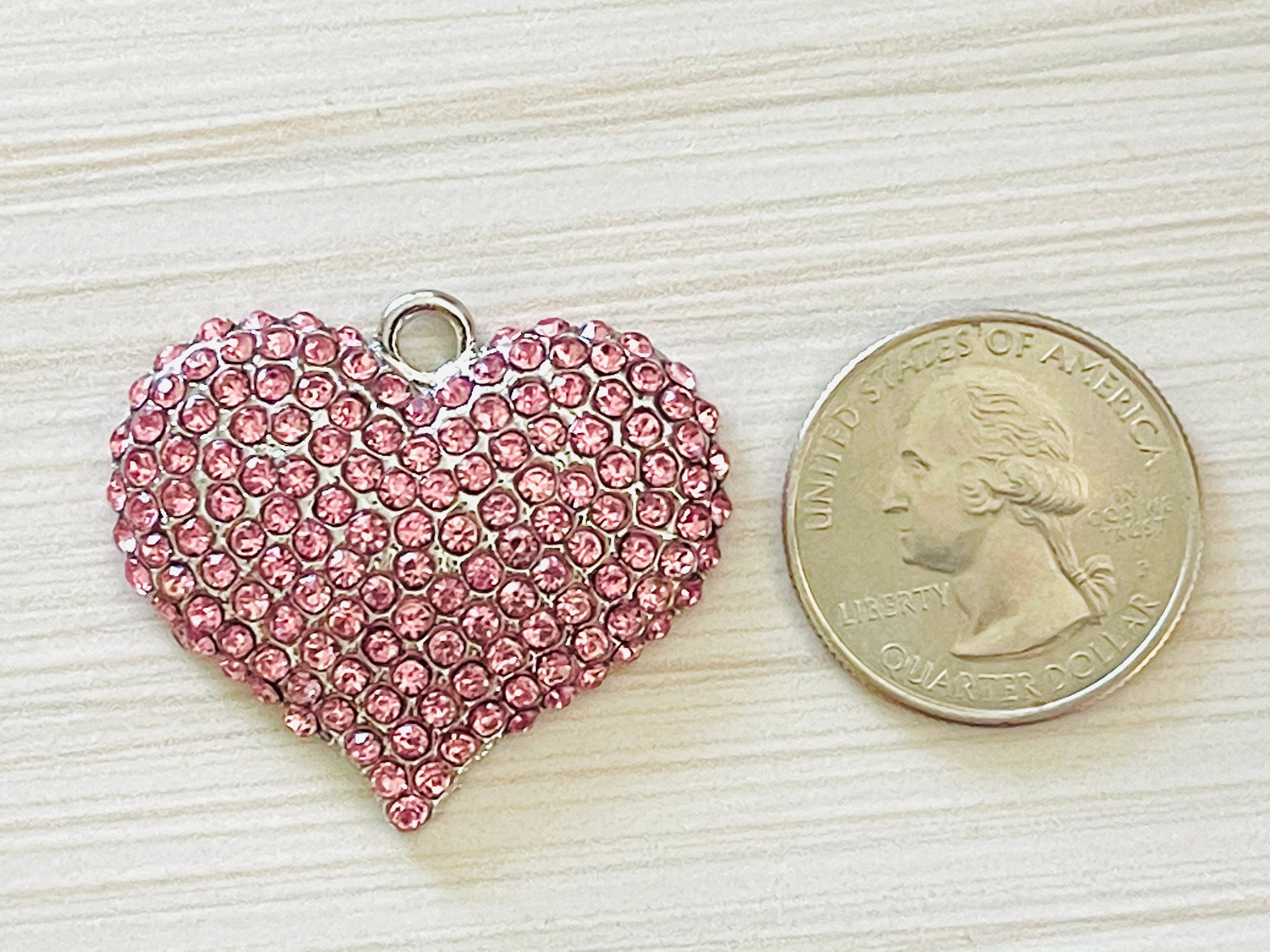 1 Large Pink Rhinestones on Silver Tone Finish Heart Charm | Etsy