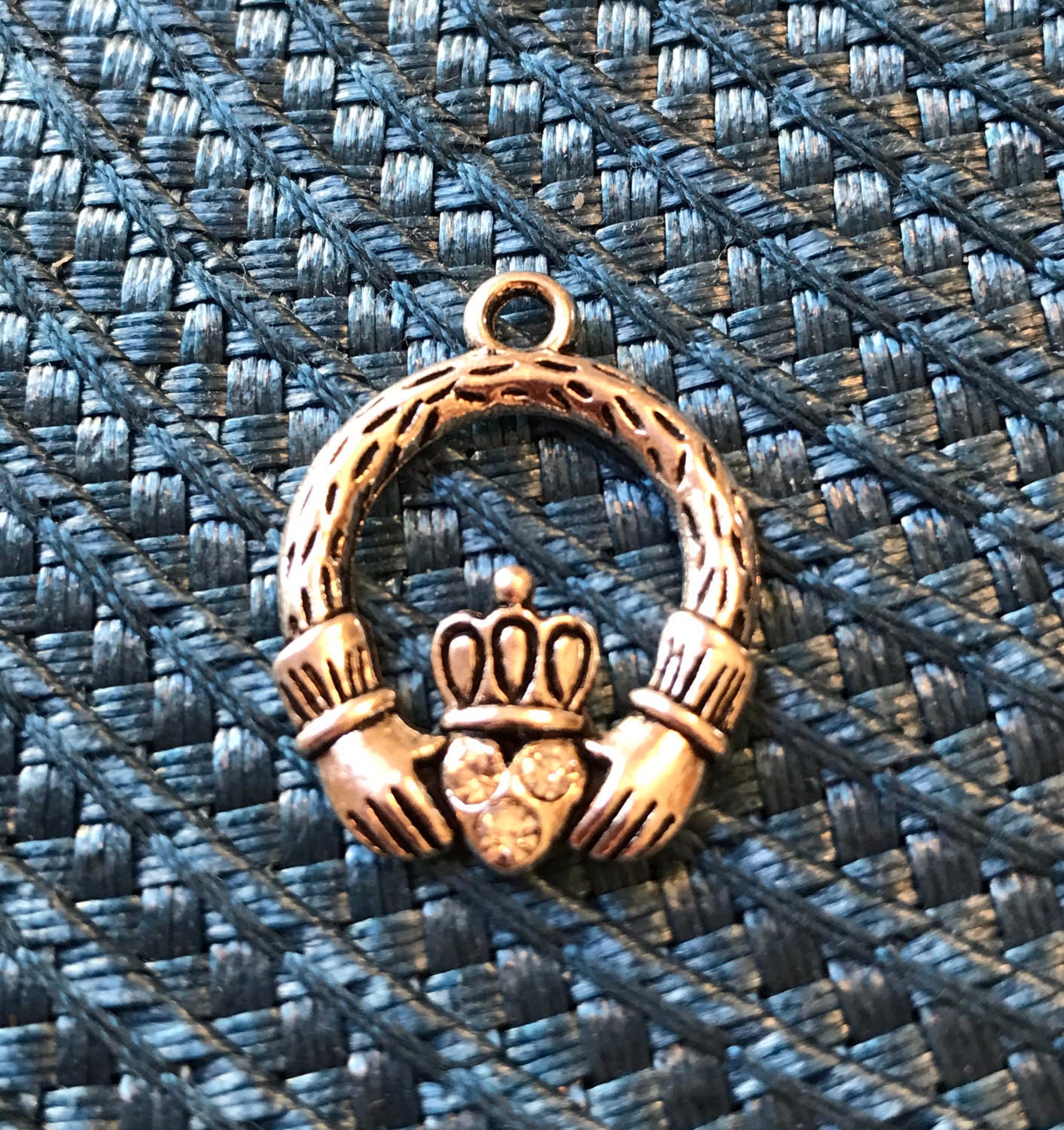 3 Antique Silver Tone Rhinestone Claddagh Charms - Pendant - Irish ...