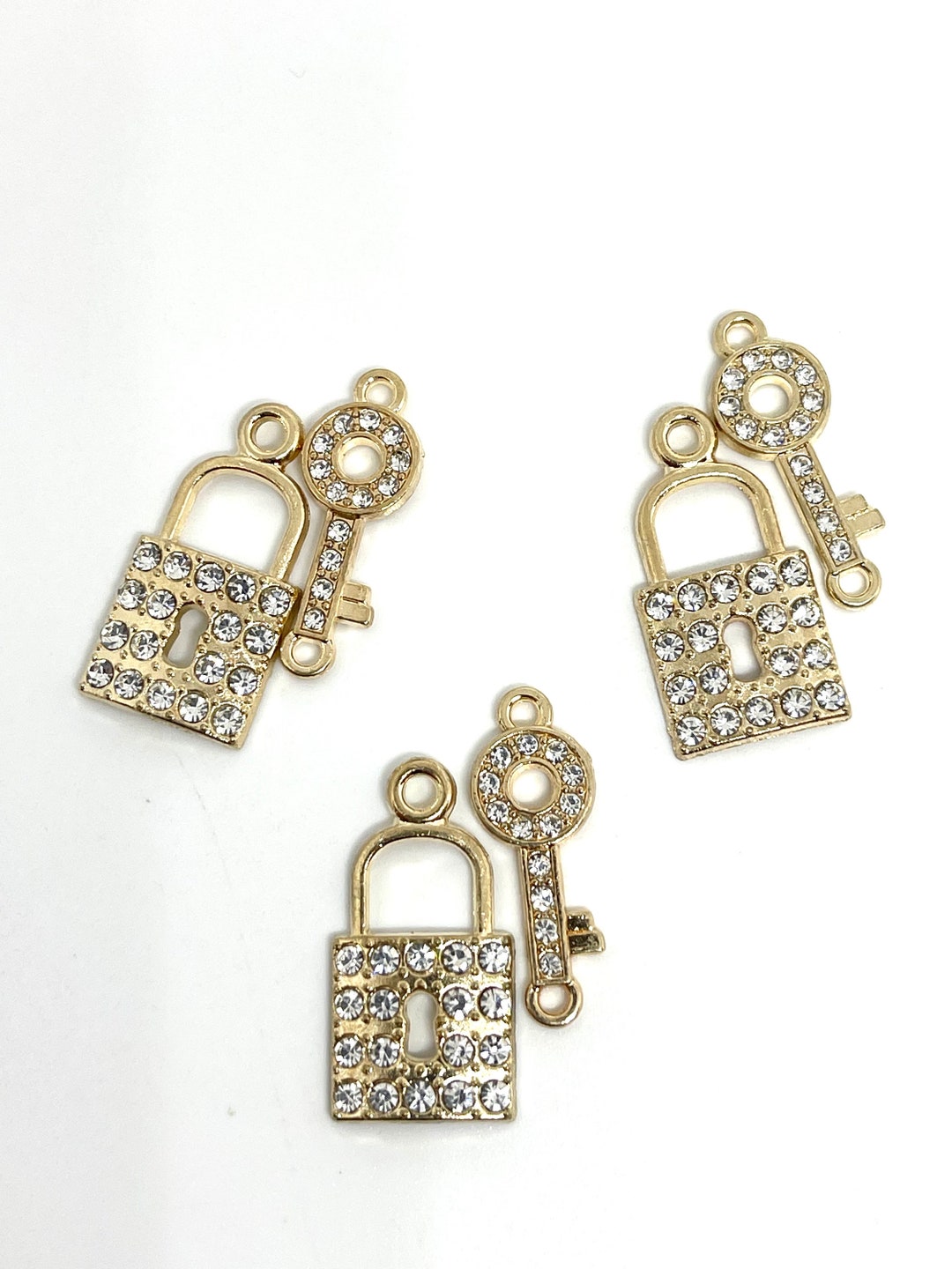 3 Sets of Rhinestone Lock & Key Charms - Gold Tone Finish - Smaller ...