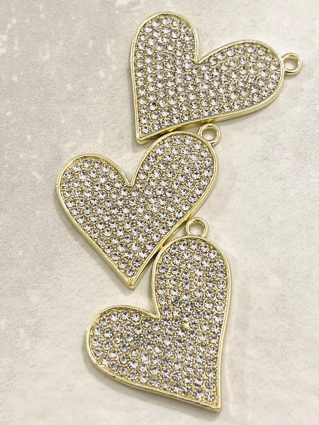 3 Rhinestone Slanted Heart Charms - Gold Tone - Etsy