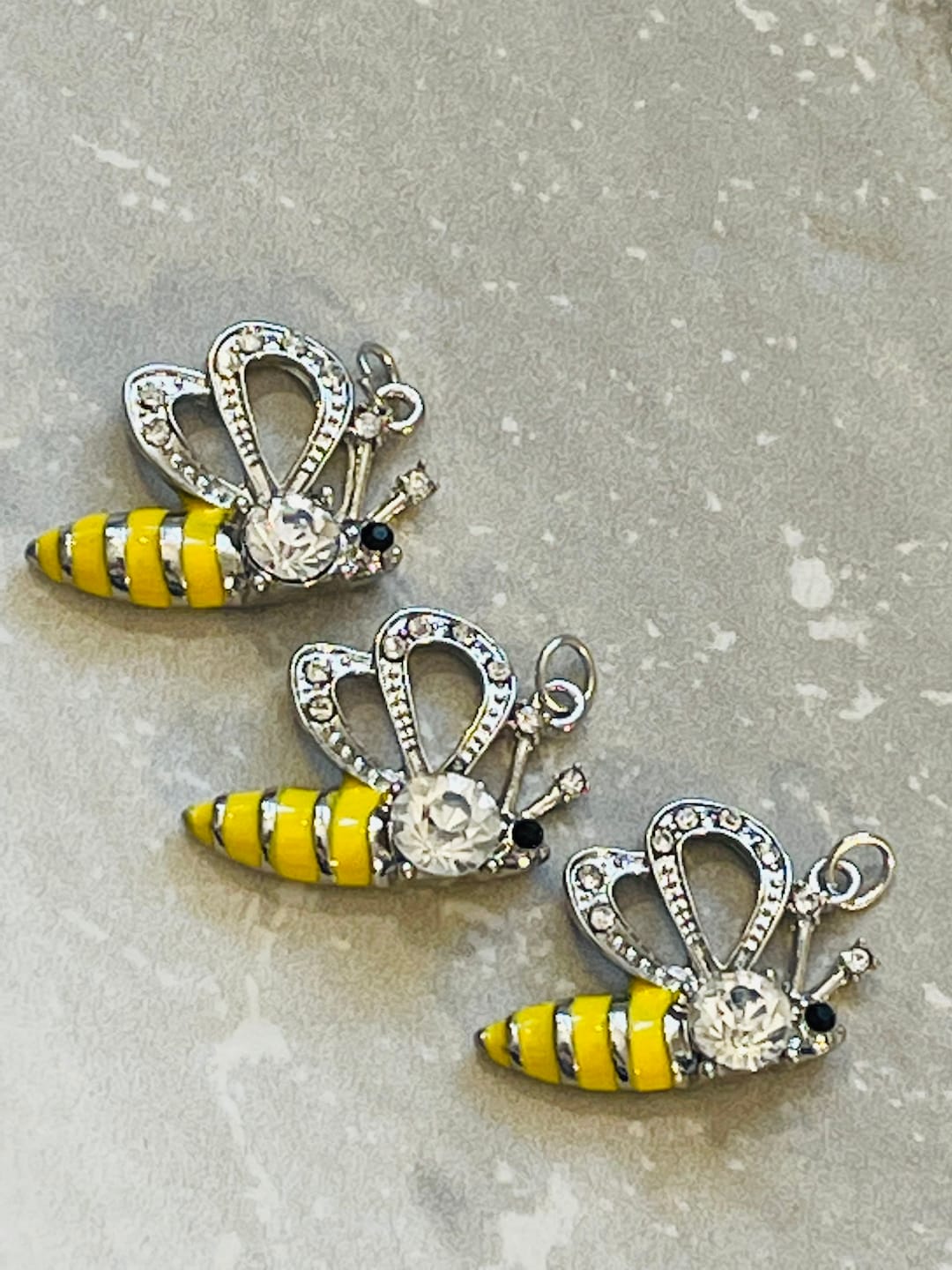 3 Beautiful Rhinestone and Yellow Enamel Silver Tone Bumblebee Charms ...