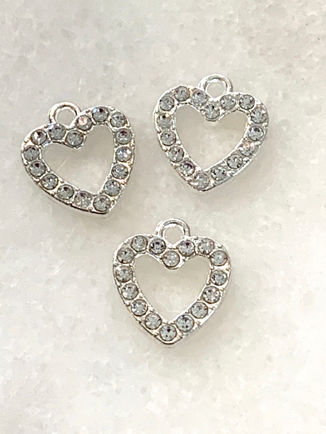 3 Cute Rhinestone Open Heart Charms - Silver Tone - Love - Etsy