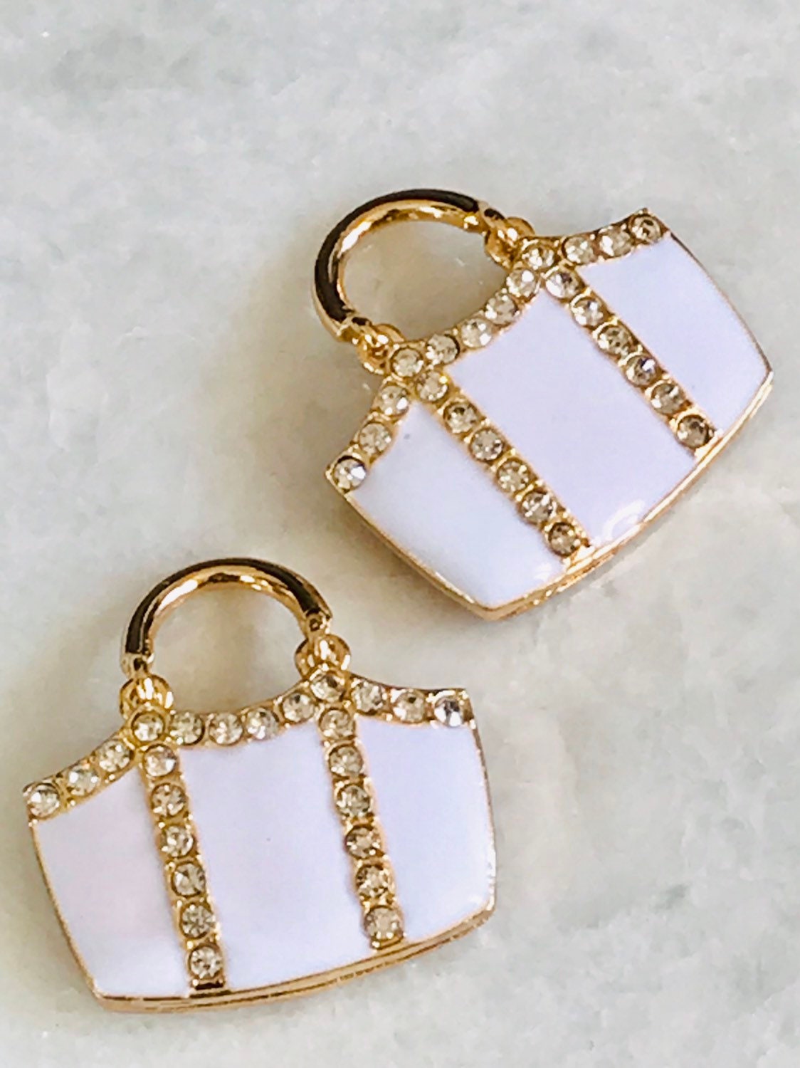 White enamel and rhinestones large handbag pendant shiny | Etsy