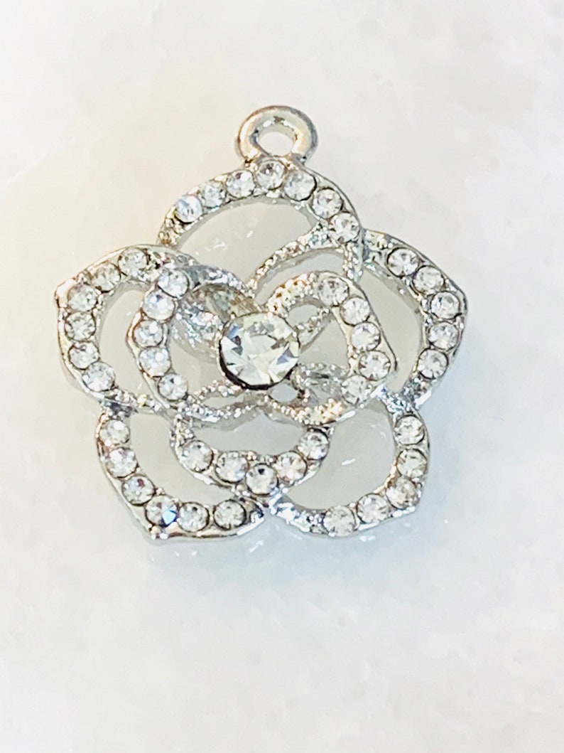 3 Rhinestone Silver Flower Charms - Rose Charms - Open Design - Larger ...