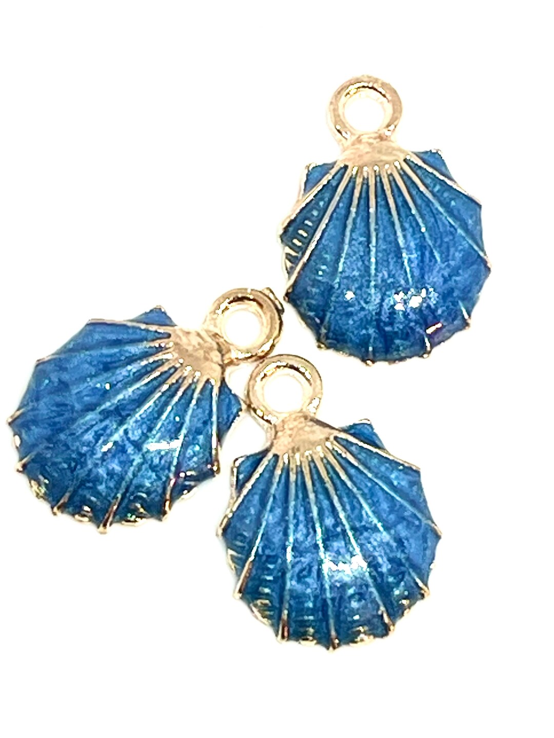 3 Shiny Blue Enamel Seashell Charms - Glittery- Gold Tone Finish - Etsy