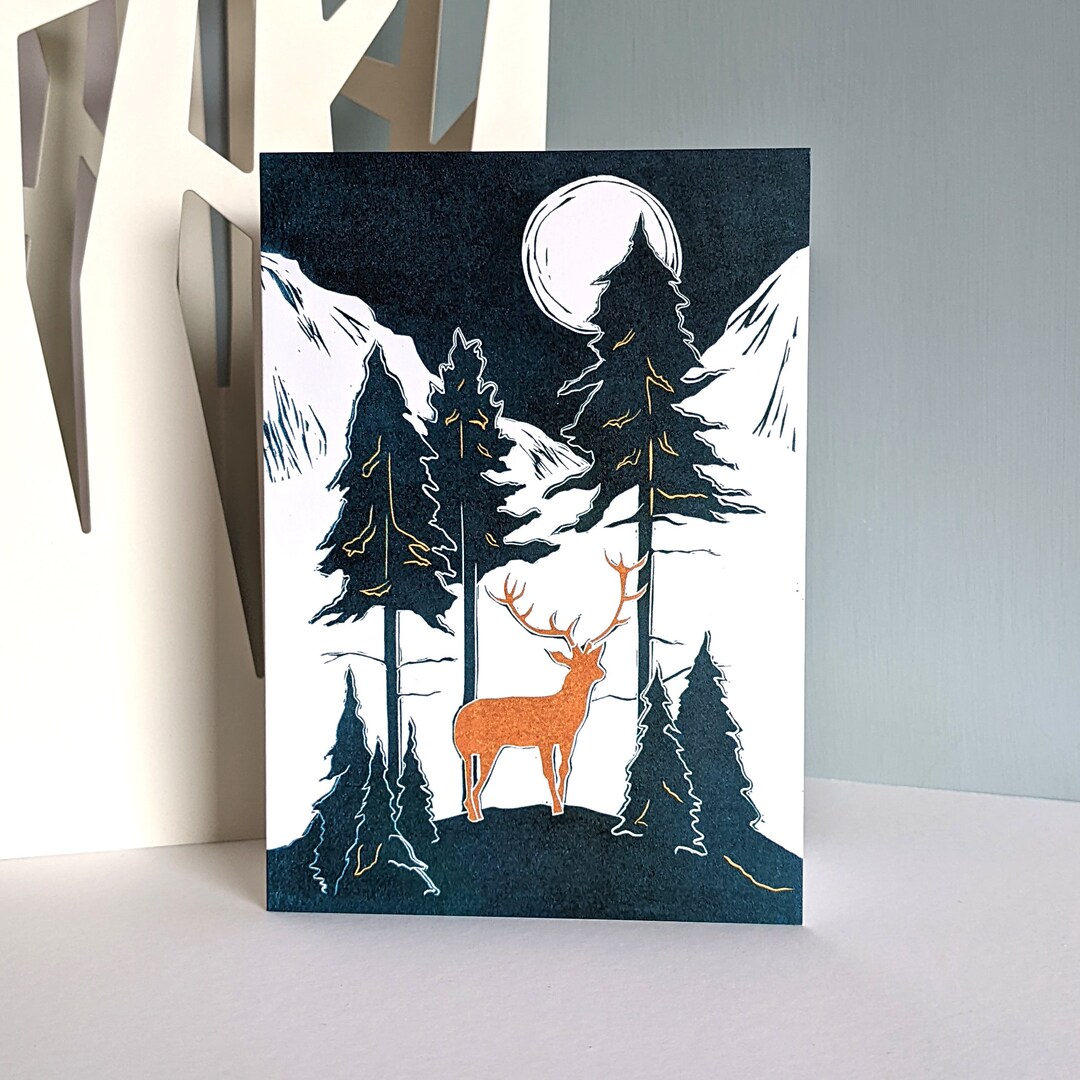 Highland Stag Linocut Card in Either Blue or Green and Gold for Father ...