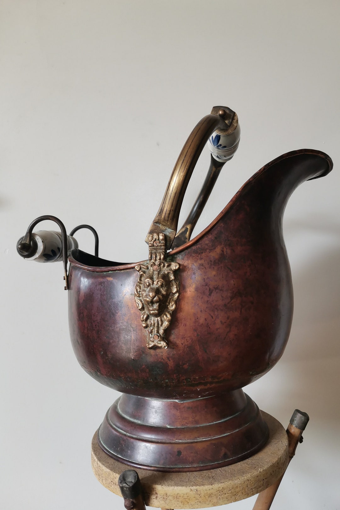 Antique Large Copper Coal Scuttle,made in Holland 1930s ,delft Ceramic ...