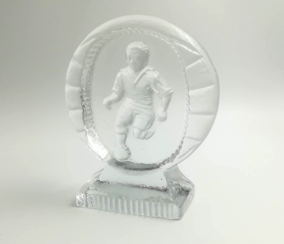 Vintage Clear Glass Paperweight Scandinavian Football Soccer Player ...
