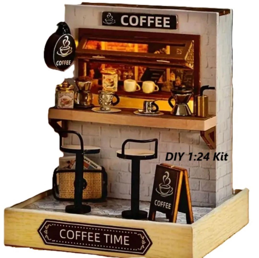 Miniature 1:24 Scale DIY Coffee Shop Kit. Lighted Coffee Time Diorama ...