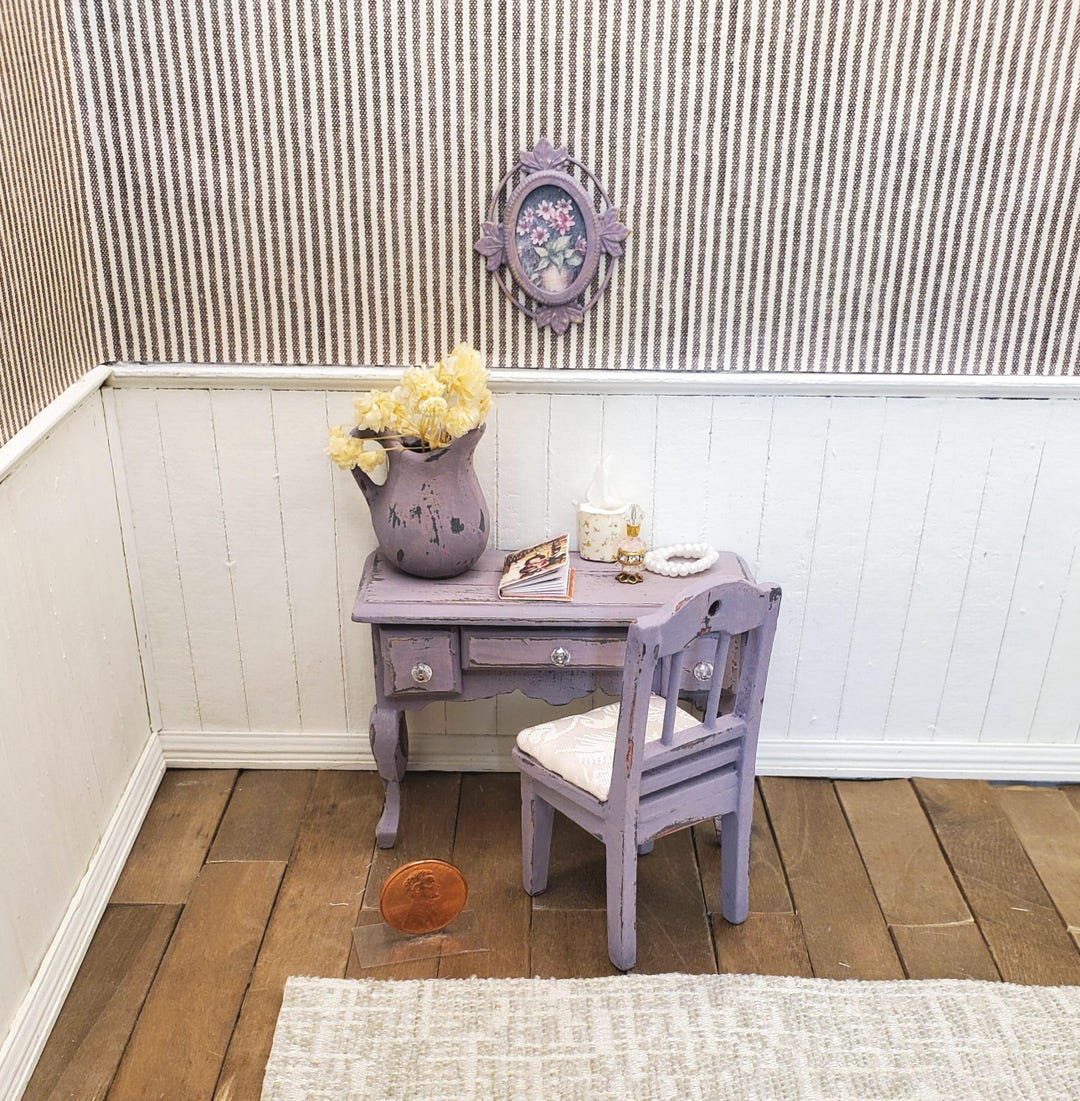 1:12 Scale Hand Painted French Lavender Dollhouse Dressing Table With ...