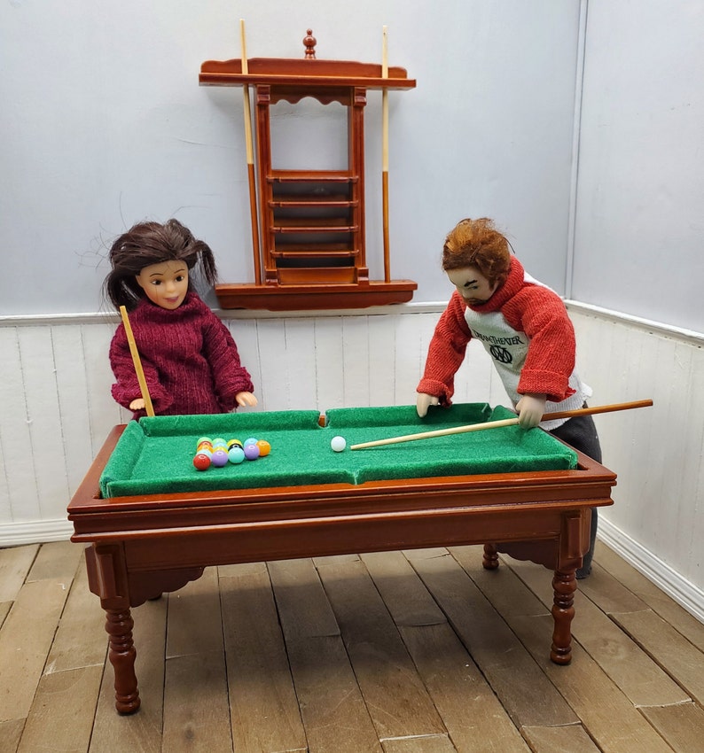 Dollhouse Miniature Walnut Pool Table Set, Mini Billiards Game Room ...