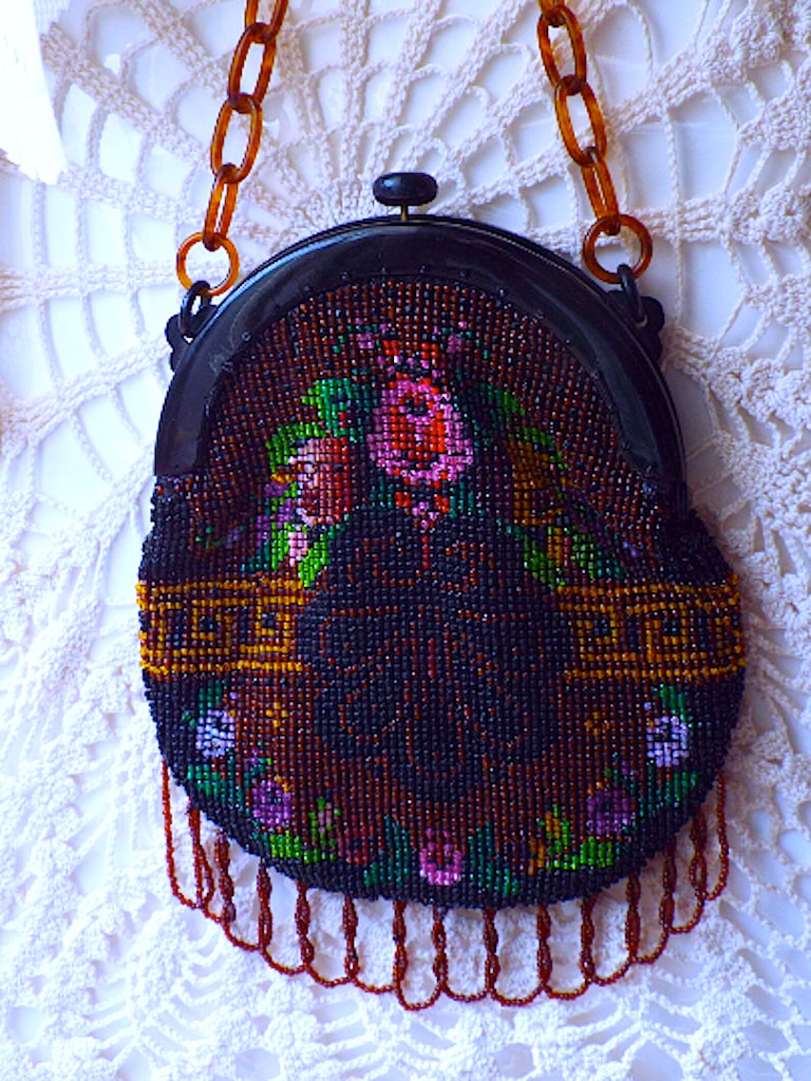 Vintage Beaded Purse, 1930's Bakelite Frame Glass Beaded Floral Purse ...