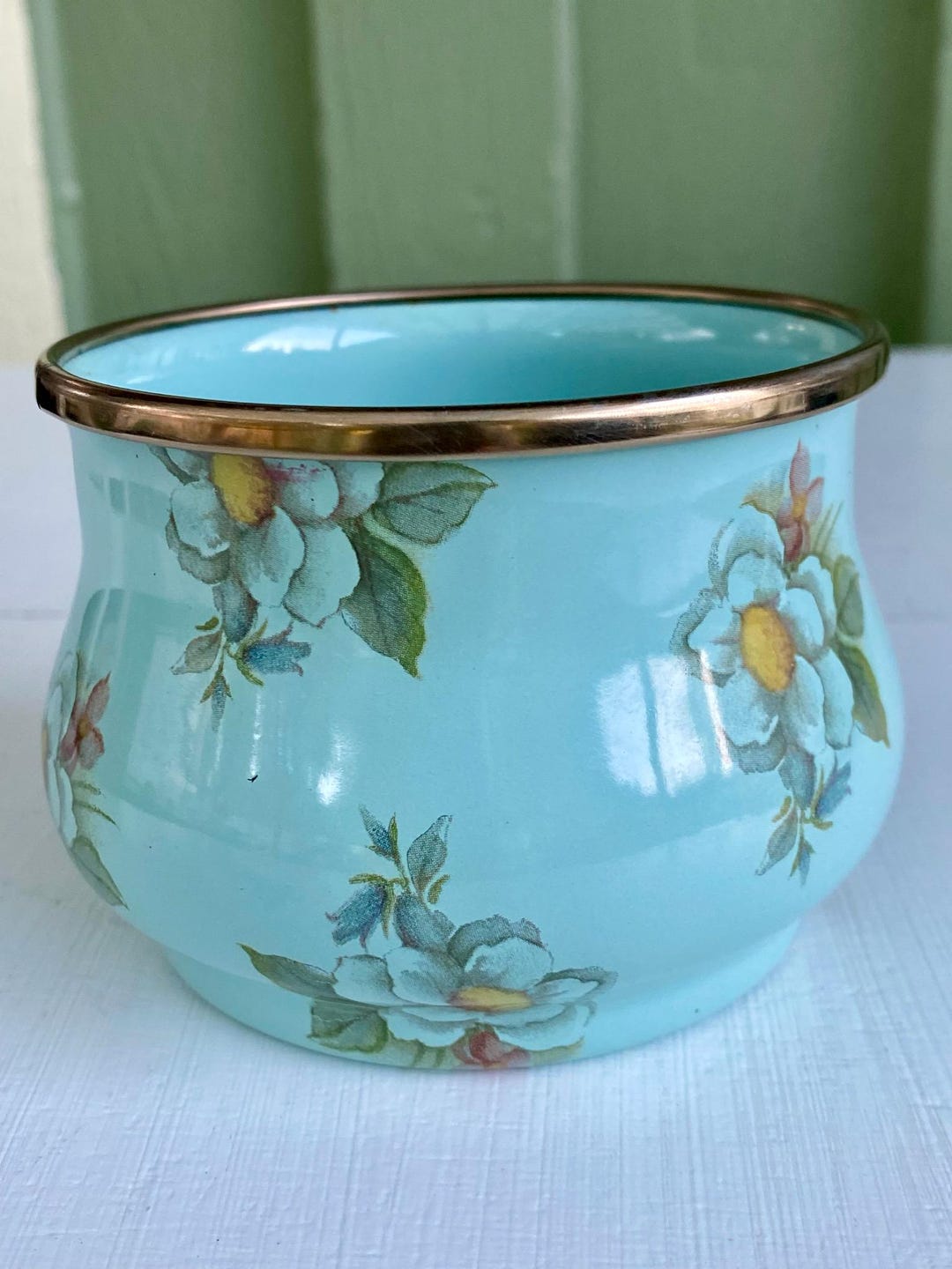 Vintage Mackenzie Childs Hand-painted Enamelware Blue Floral Sugar Bowl ...