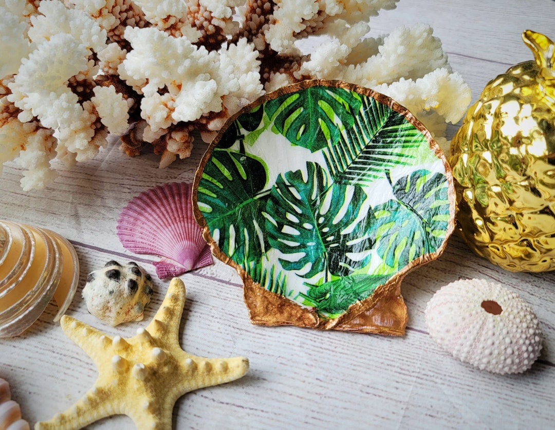 Scallop Shell Decoupage Ring Dish, Shell Trinket Dish, Shell Key Holder ...