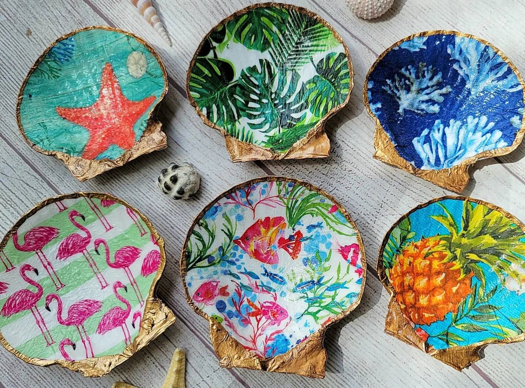 Scallop Shell Decoupage Ring Dish, Shell Trinket Dish, Shell Key Holder ...