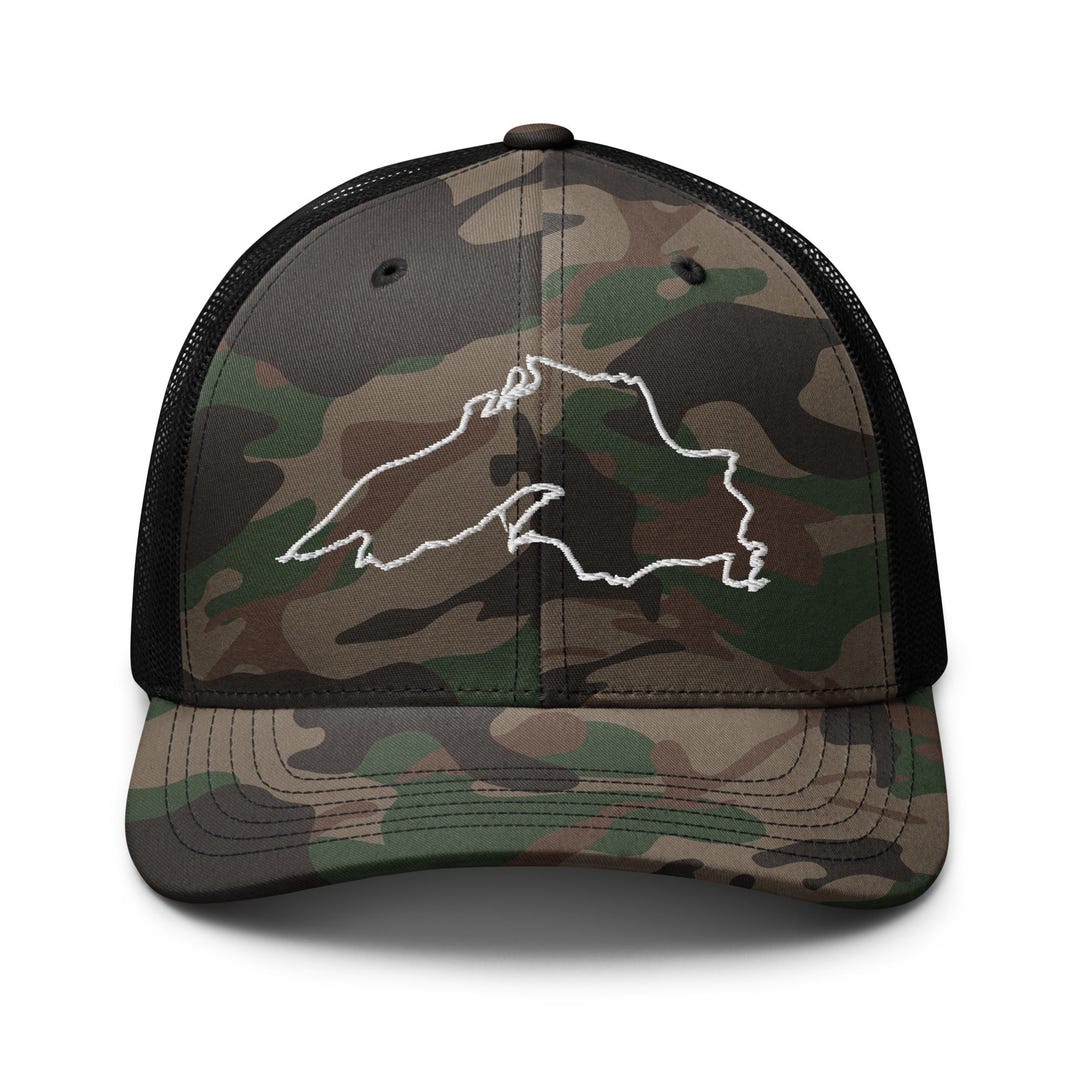 Lake Superior Camo Trucker Hat – Michigan Great Lakes Outline, Upper ...
