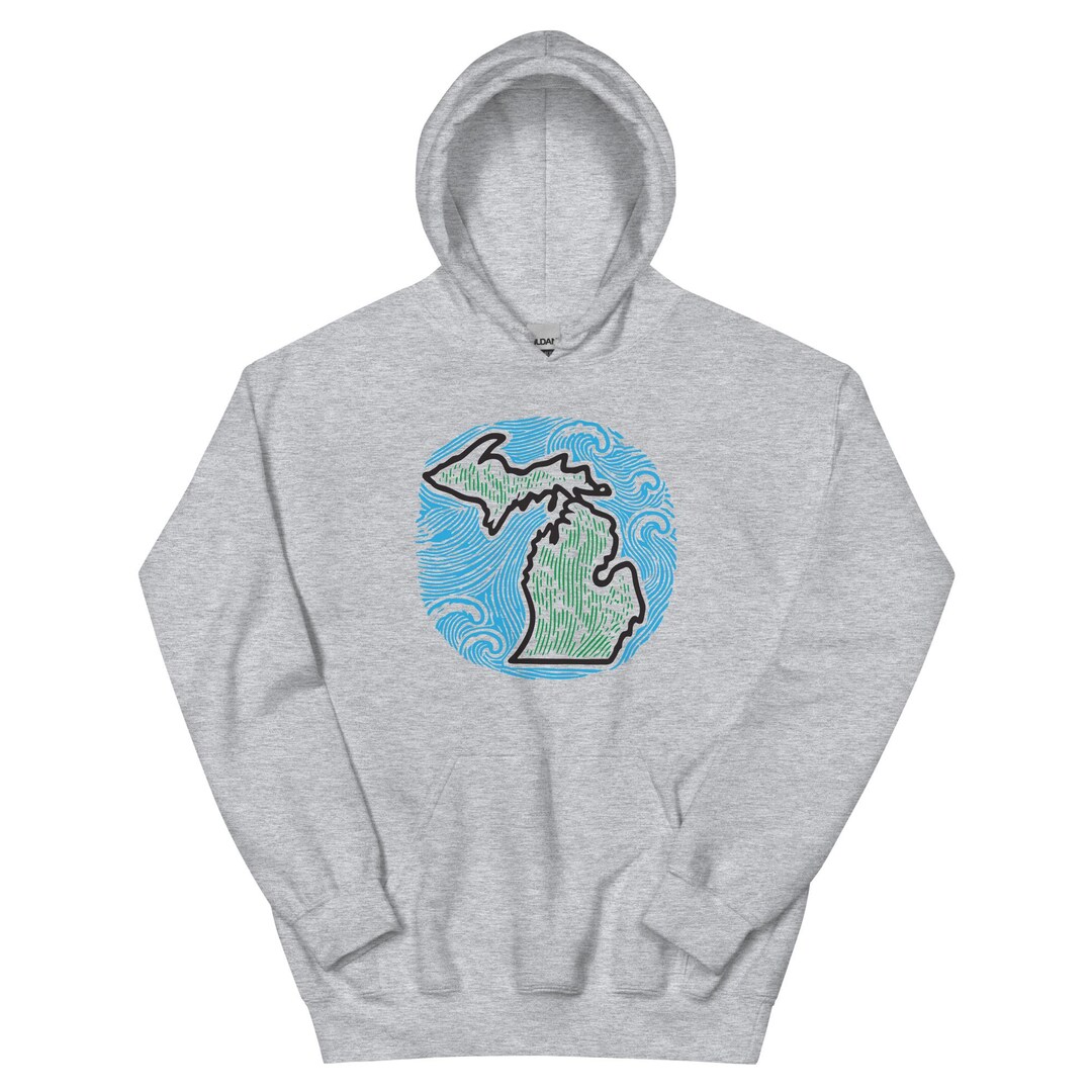 Michigan Map Hoodie - Great Lakes State, Upper Peninsula Waves Design ...
