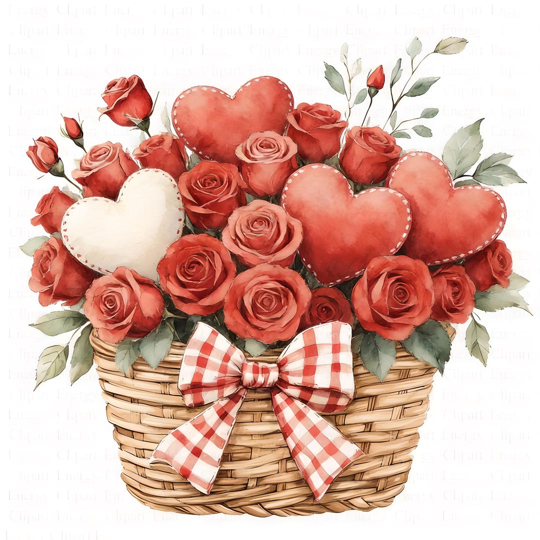 Watercolor Red Rose Clipart Set, Valentine Floral Basket (7 JPEG ...