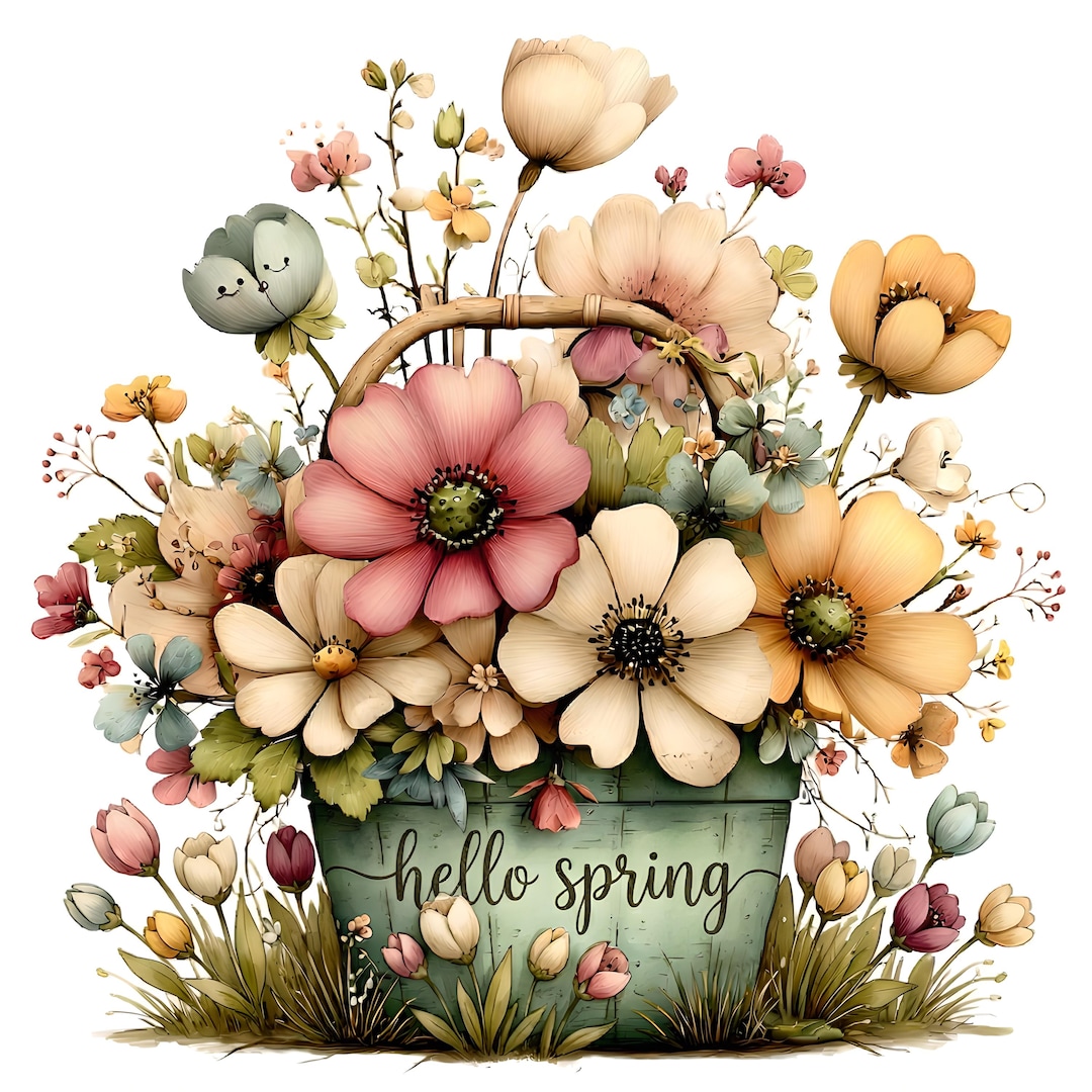 Watercolor Spring Flower Basket Clipart, Cottagecore Floral 12 PNG ...
