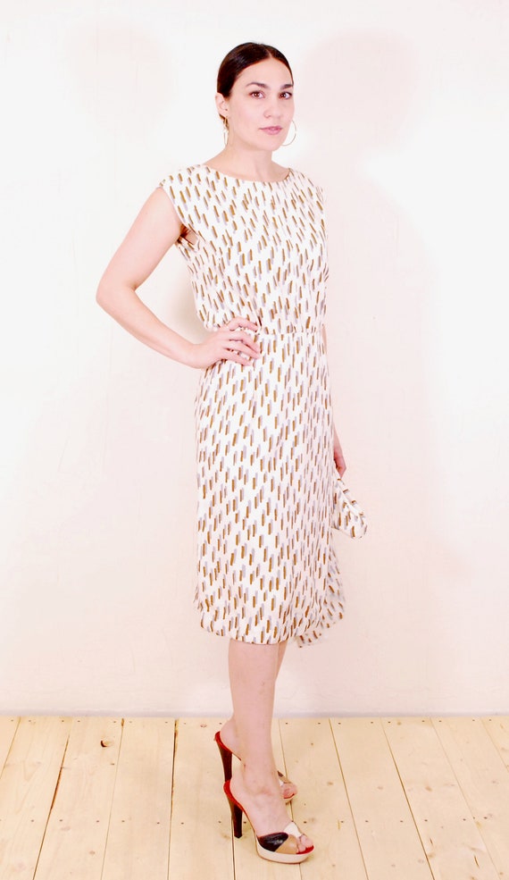 1960's Tan Geometric Print Silk Dress and Jacket / Ev… - Gem