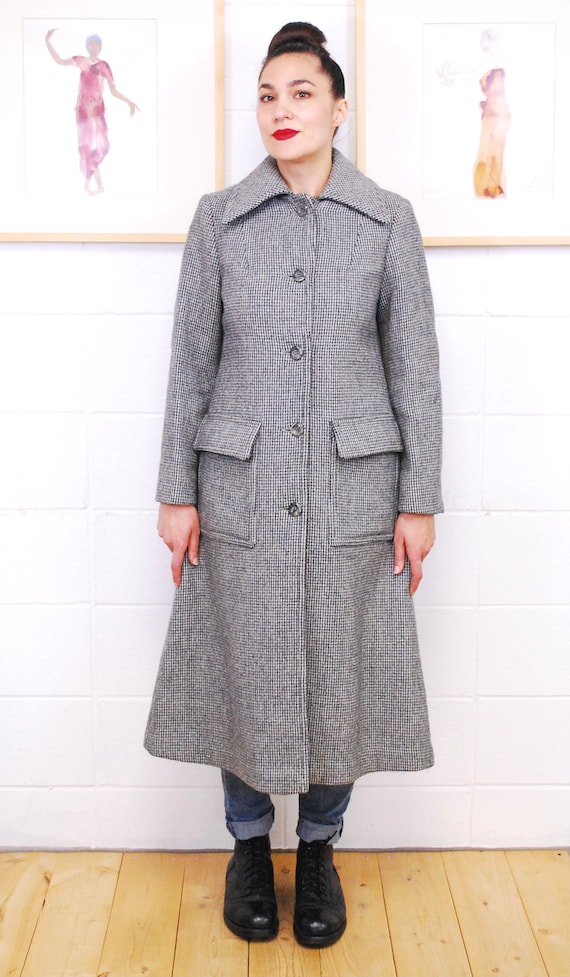 1970's Grey Tweed CROYDON Full Length Wool Overcoat /… - Gem