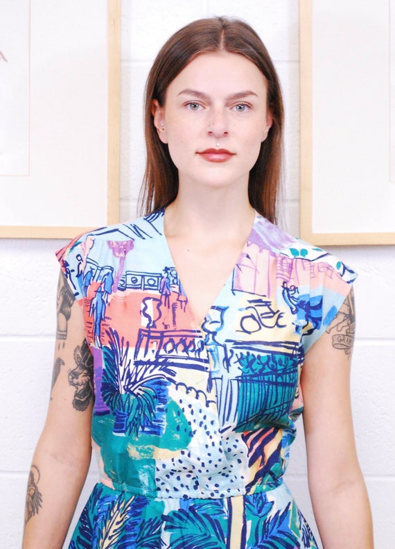 1970's/80's Light Blue ZANE Promenade Print Summer Dr… - Gem