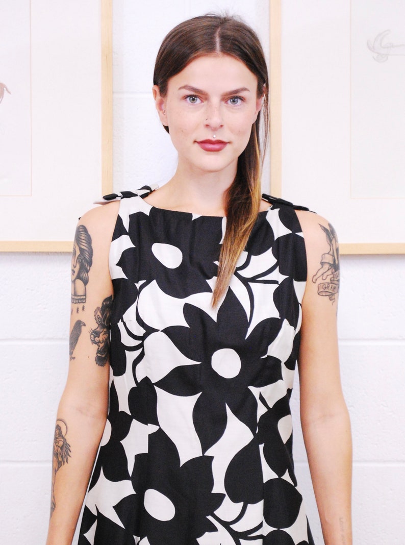 1960's SUZY PERETTE Black Floral Silk Dress / Shoulder Bows / Cocktail ...