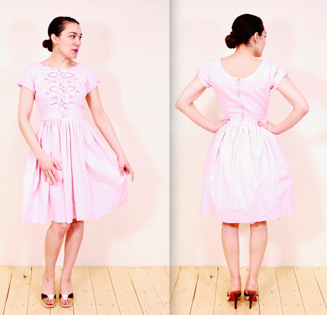 1950's/60's Pink Cotton Fit and Flare Party Dress With Embroidered ...