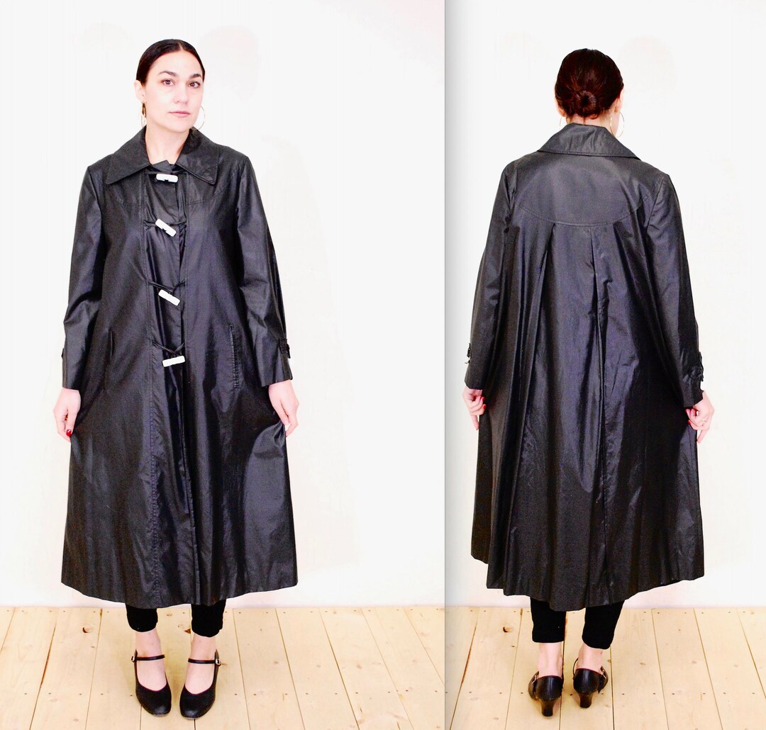 1980's Black Full Length Spring Trench Coat With White Toggle Buttons ...