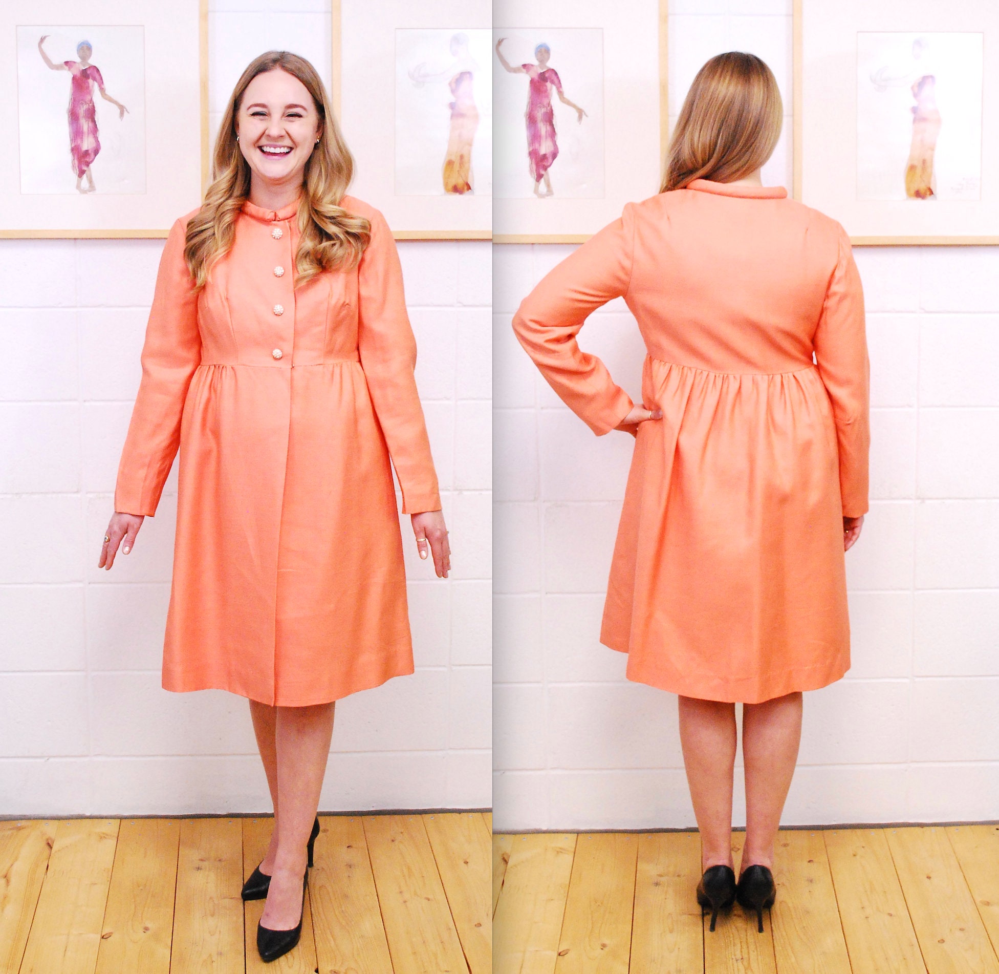 1960's Coral Jacket and Dress Set With Rhinestone Button Detail ...