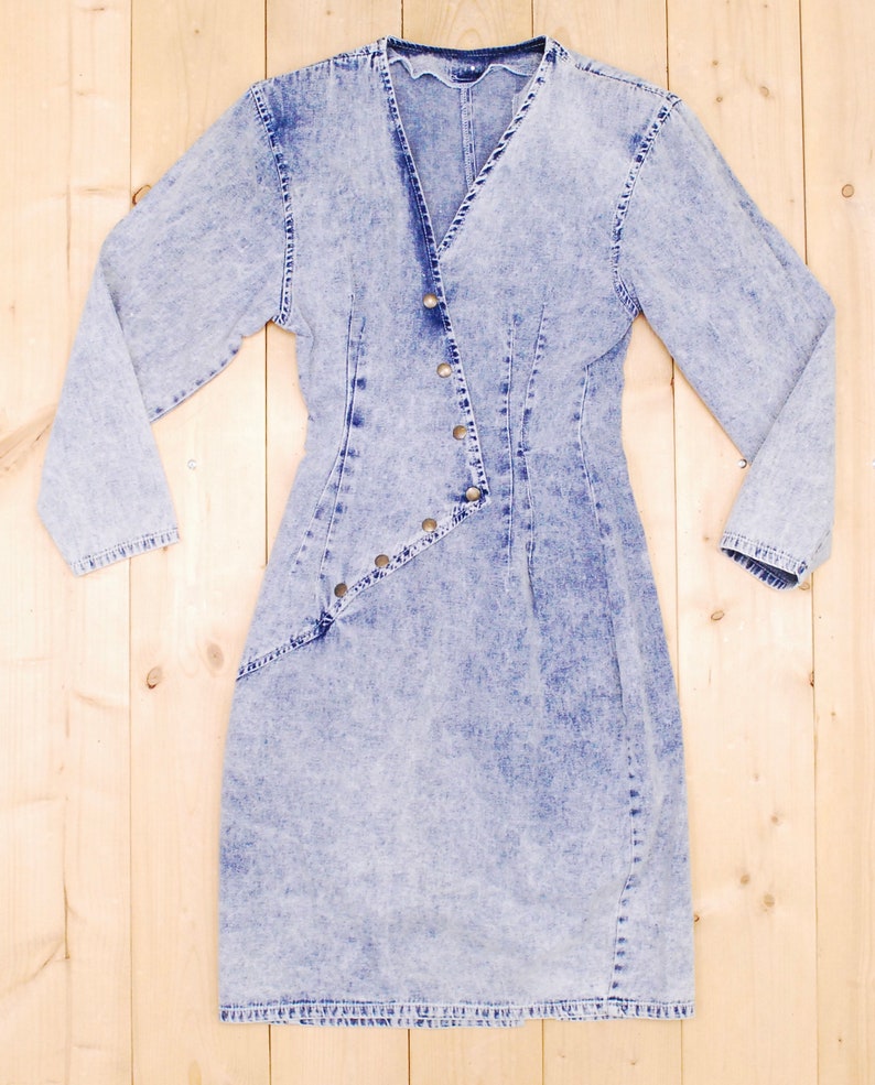 1980's Blue Acid Wash Denim Dress With Front Snaps Detail / Rare ...