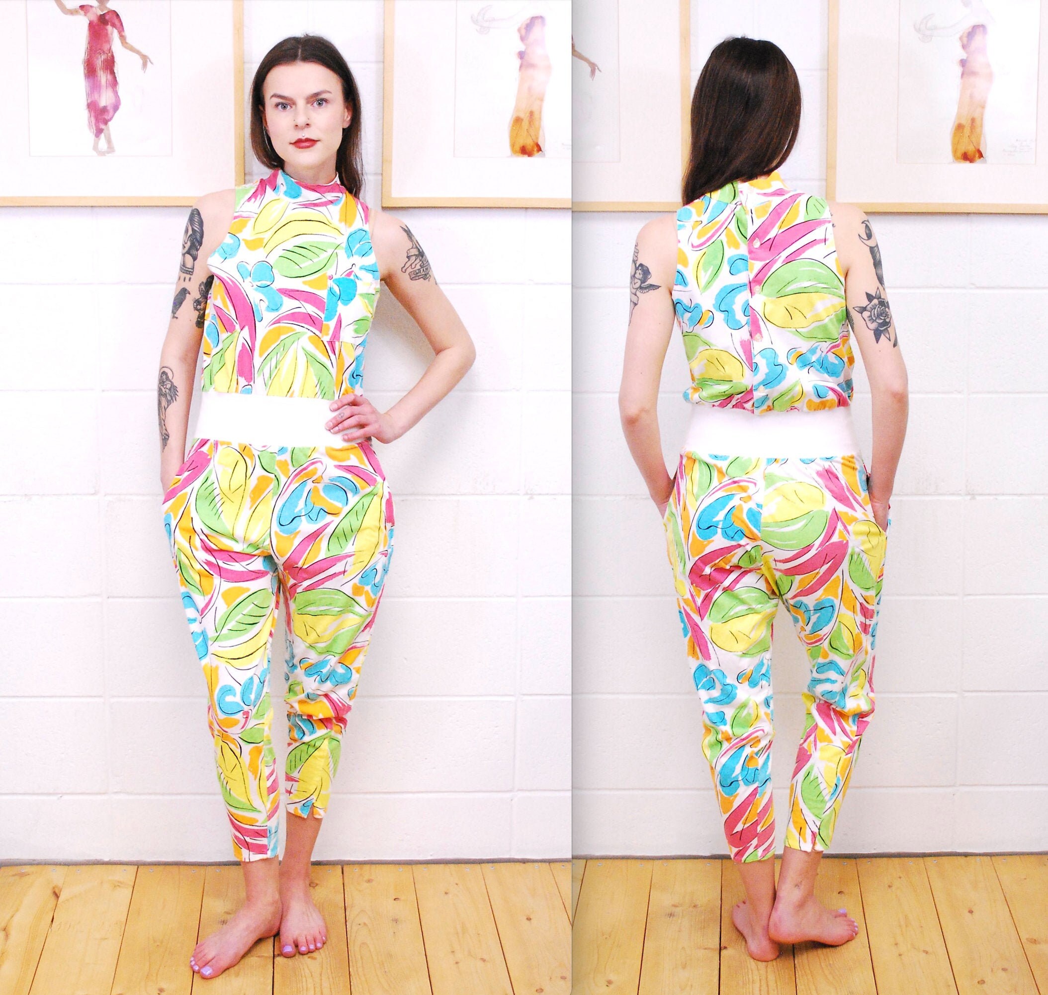 1980's Neon TANGIERS Floral Print Romper / Play Suit / Onesie / Jumper ...
