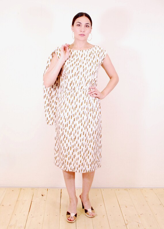 1960's Tan Geometric Print Silk Dress and Jacket / Ev… - Gem