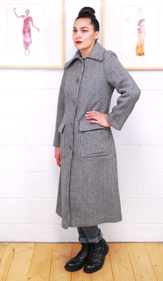 1970's Grey Tweed CROYDON Full Length Wool Overcoat /… - Gem