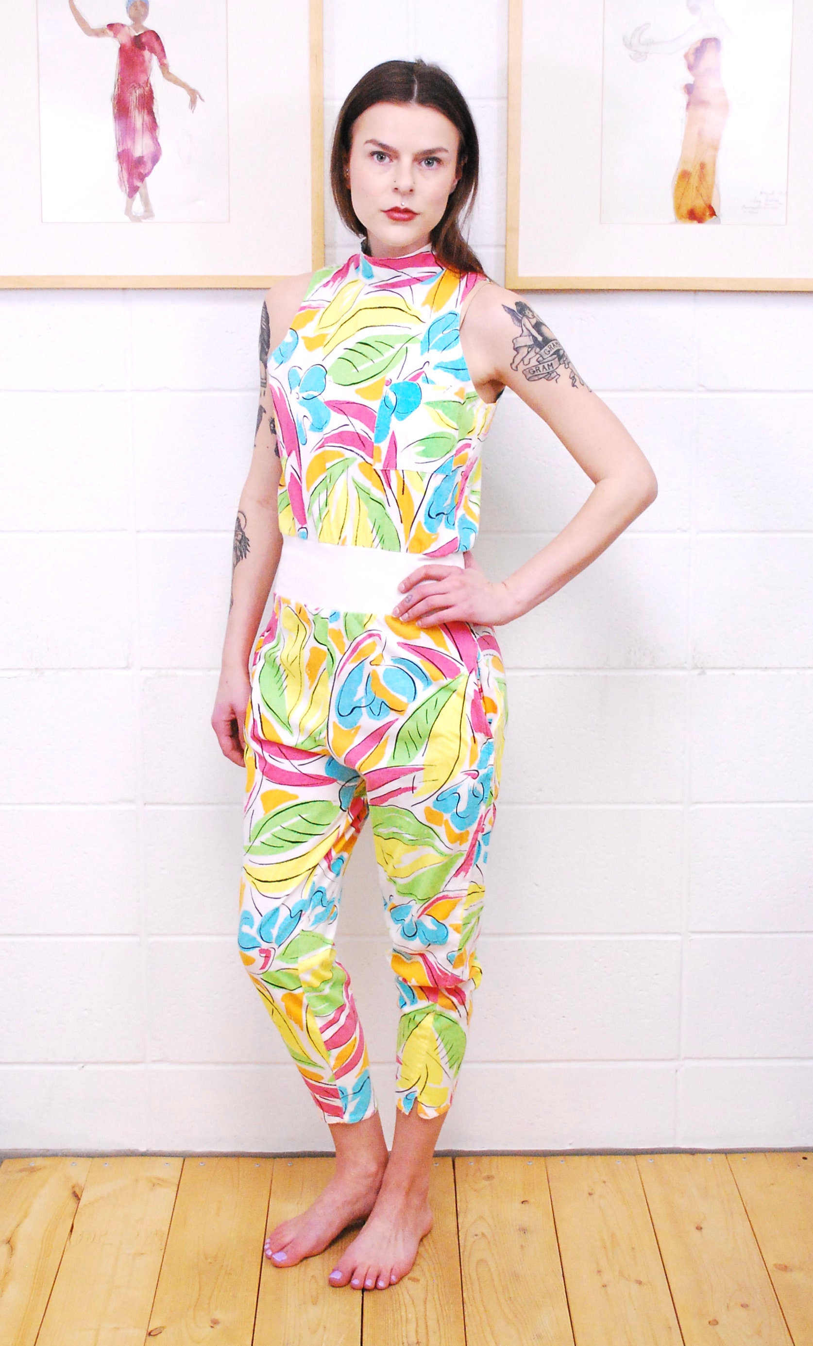 1980's Neon TANGIERS Floral Print Romper / Play Suit / Onesie / Jumper ...