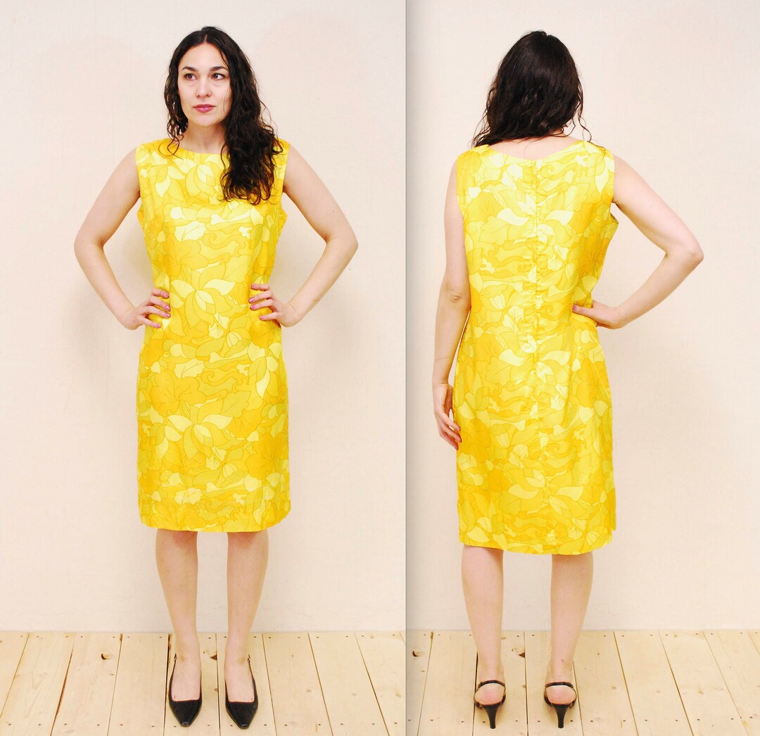 1960's Yellow MARJORIE HAMILTON Floral Print Shift Dress / Cocktail ...